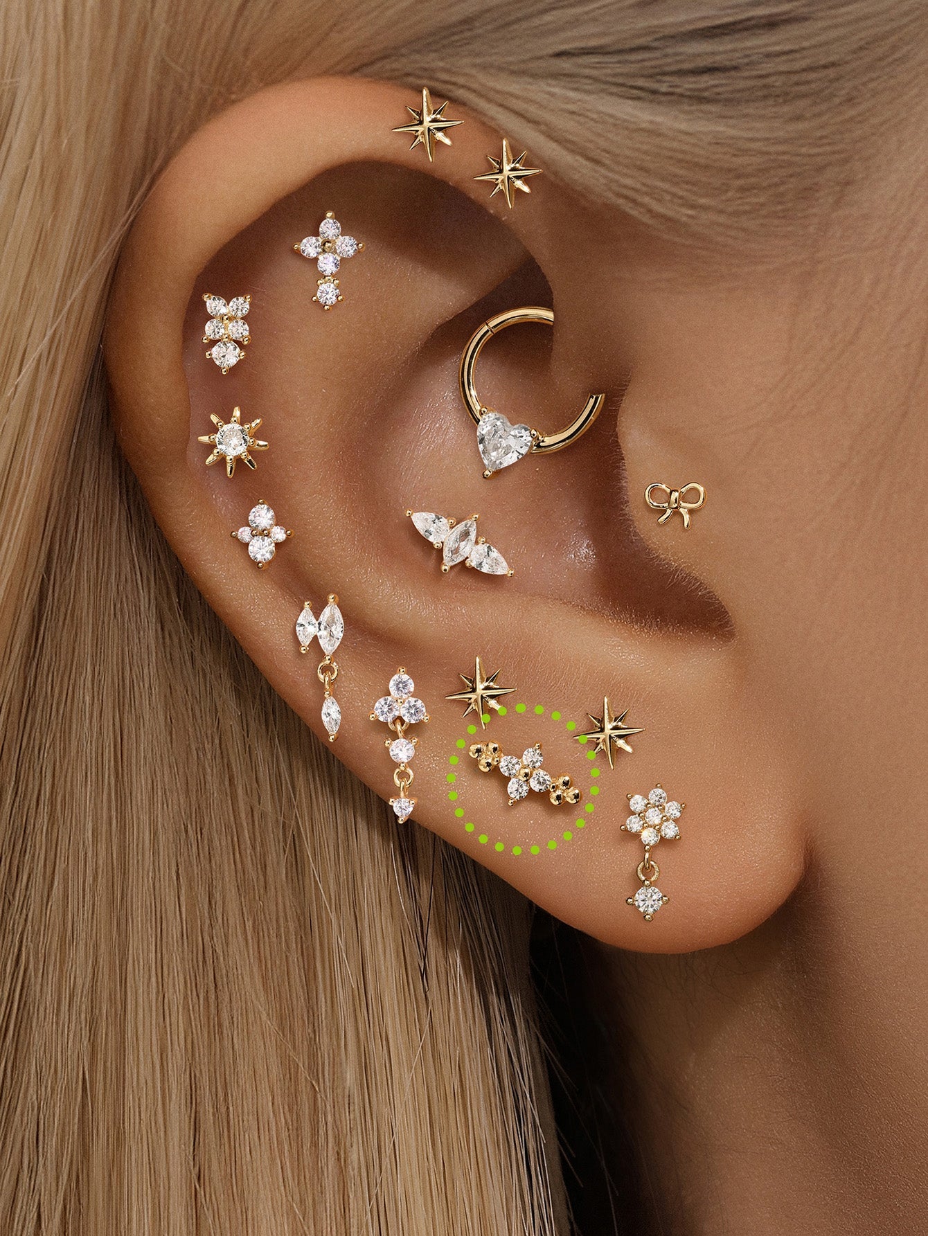 14K Solid Gold Beaded Four-Leaf Flower Ear Piercing Stud